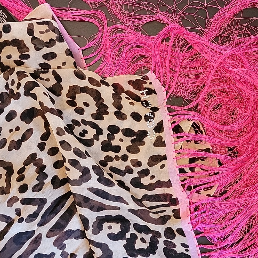Coach Silk Scarf Leopard Print With Pink Tassels - Gem